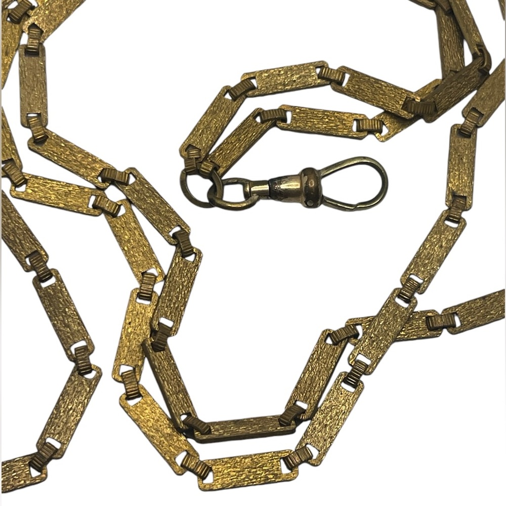 Antique Gold Tone Long Guard Pocket Watch Chain W Dog… - Gem